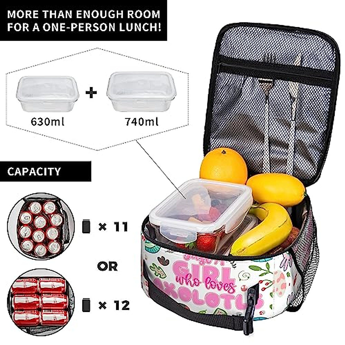 UTtitr Insulated Lunch Bag Who Loves Axolotls Reusable Lunch Box Portable Leak-Proof Lunch Container Meal Prep Organizer Cooler Bag With Bottle Holder For Men Women Work Friends Picnic Hiking Camping