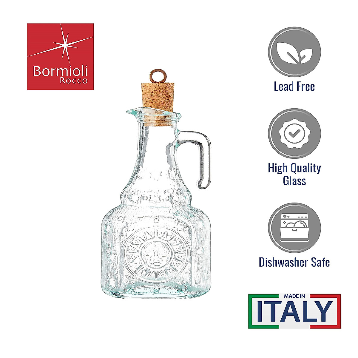 Bormioli Rocco Set Of 2 Country Home Helios Oil Bottle, 8-ounce With All Natural Cork Lid, Blue-green Tinted Star Glass, Elegant And Floral Design Made In Italy.