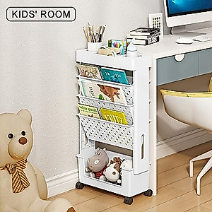 yeavs 5-Tier Mobile Bookshelf, Rolling Bookcase Book Storage Rack, Movable File Folder Organizer Cart with Wheels for Home Study Office Living Room Classroom, White