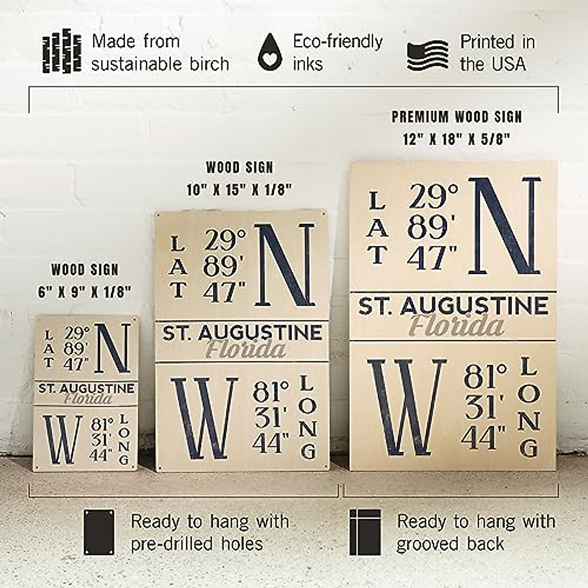 Lantern Press 6x9 Inch Wood Sign, Ready to Hang Wall Decor, St. Augustine, Florida, Latitude and Longitude (Blue)