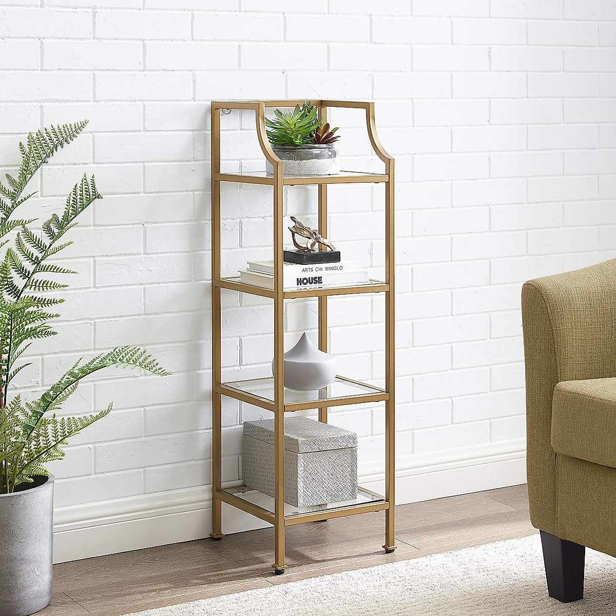 Crosley Furniture Aimee Short Bookshelf with Glass Shelves, Small Bookcase Storage, Gold and Glass