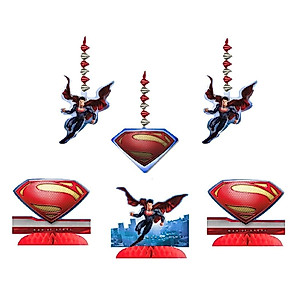 Superman Birthday Party Supplies Bundle includes Plates, Cups, Napkins, Table Cover, Invitations, Thank You Notes, Cape, Hanging Decoration, Centerpiece, Tattoo