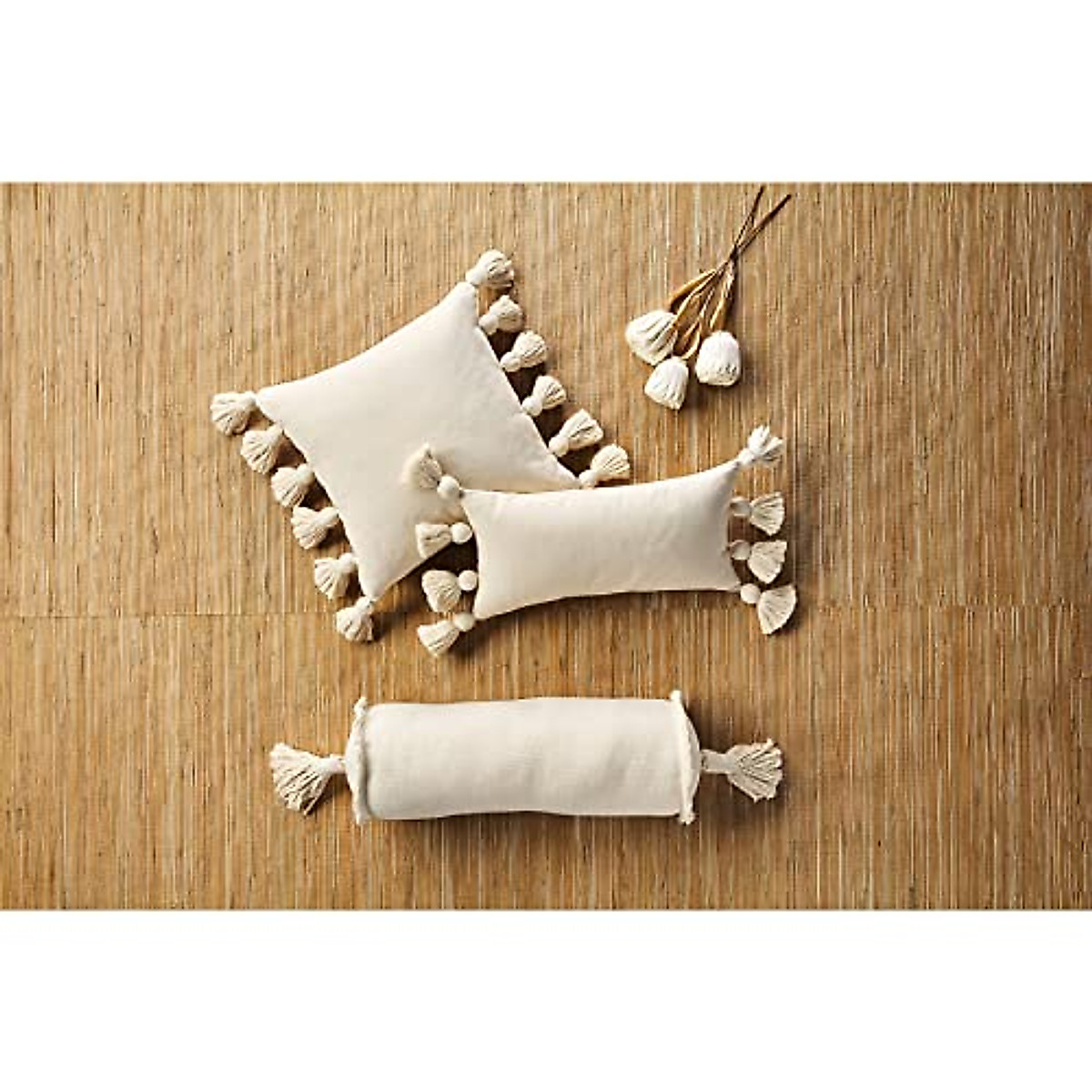 Mud Pie Cream Chunky Tassel Pillow, 22" x 12", Lumbar