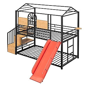BOVZA House Bunk Bed with Slide and Stairs, Twin Over Twin Metal Bunk Beds Frame with Roof and Storage Staircase for Kids Boys Girls Teens, Black+Red
