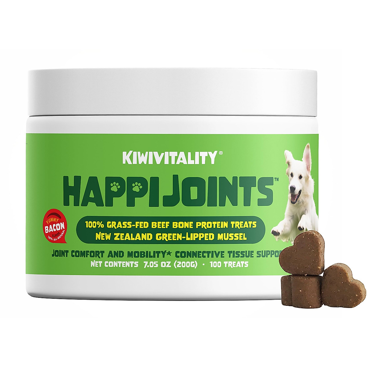 KiwiVitality HappiJoints Hip and Joint Supplement Treats for Dogs, Cats • 100% Grass-Fed Beef Bone Collagen New Zealand Green-Lipped Mussels • 100 Treats