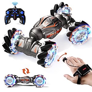 Deejoy 1:12 RC Stunt Car, 2.4GHz 4WD Remote Control Gesture Sensor Toy Cars, Double Sided Rotating Off Road Vehicle 360° Flips with Lights Music, for Boys & Girls Birthday（Black Silver）