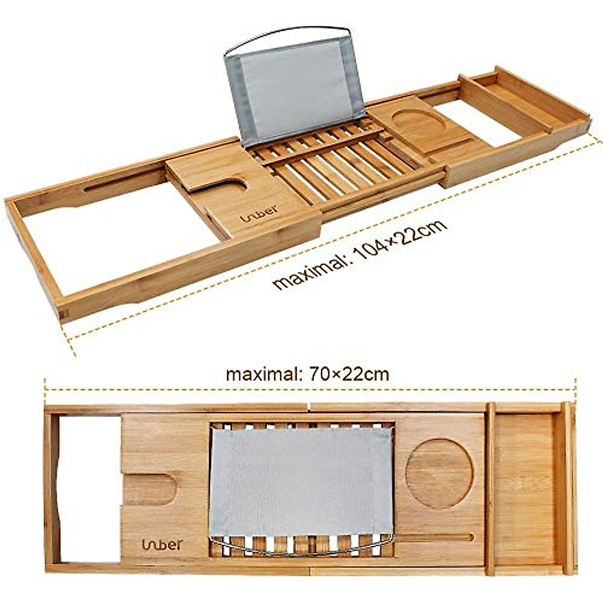 Bamboo Bathtub Caddy Tray, Expandable Bath Tray for Luxury Bath, Wooden Tub Tray with Reading Rack or Tablet Holder, Phone & Wine Glass Holder