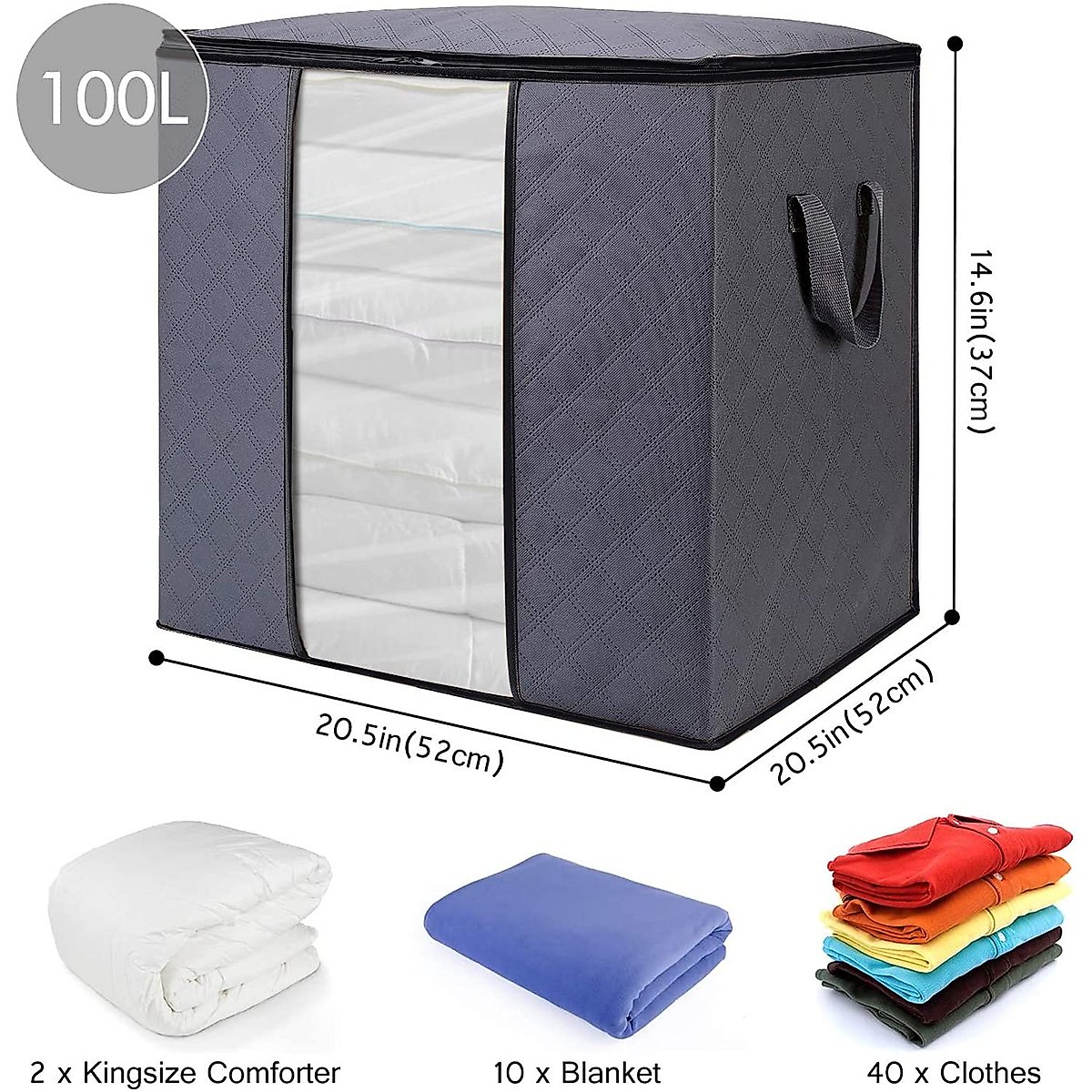 WISELIFE Storage Bags [2 Pack/100L] Large Blanket Clothes Organization and Storage Containers for Comforters,Bedding, Foldable Organizer with Reinforced Handle, Clear Window, Sturdy Zippers,Gray