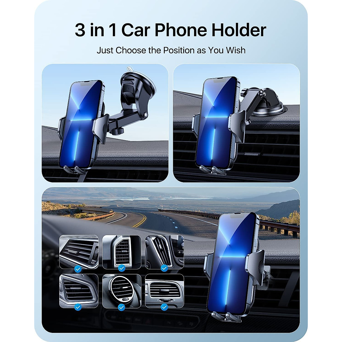 andobil Cell Phone Holder for Car [Powerful Suction][Bumps Friendly] Universal 3in1 Phone Mount for Car Dashboard Windshield Air Vent Compatible with iPhone 14/13/12, Samsung S22 All Phones