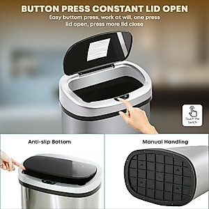 NChanmar Bathroom Trash Can with Lid, 13 Gallon 50 Liter Kitchen Trash Can, Portable Garbage Can for Bathroom, Bedroom, Office, Automatic Trash Can for Kitchen, Automatic Touch Free(Silver)