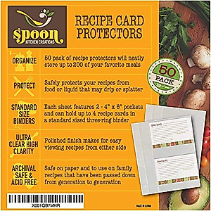 Toucan Craft Supplies Recipe Card Protectors, Refill Sheets for 3 Ring Binders, Recipe Book Pocket Page Sheet Protectors, Holds 4 x 6-inch pockets, 4 Cards Per Sheet, Clear 50 Pack
