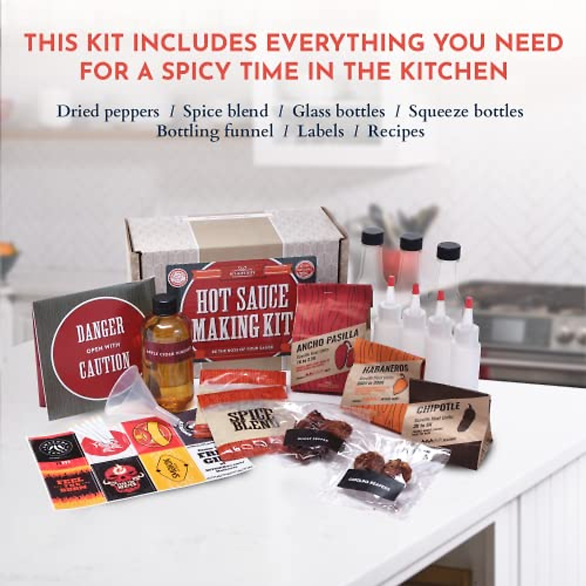 DIY Gift Kits Standard Hot Sauce Making Kit with Everything Included for DIY; Make Your Own Hot Sauce Kit for Adults; Ingredients, 3 Recipes, & Bottles Included; Gift For Birthdays, Fathers Day & More