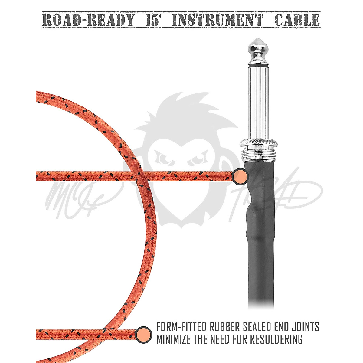 Mophead 15-Foot Guitar Instrument Cable - 1/4 Inch TS to 1/4 Inch TS Right Angle Pro Grade Double Insulated Tweed Braided for Electric Guitar, Bass, Amp, Keyboard (Red with Black Stripe)