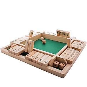 GrowUpSmart 4-Way Shut The Box Dice Game (2-4 Players) for Kids + Adults [4 Sided Large Wooden Board Game, 8 Dice + Shut-The-Box Rules] Smart Game for Learning Numbers, Strategy + Risk Management
