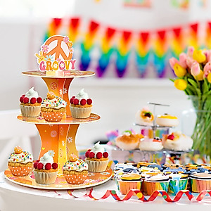 Nuenen 3 Tier Groovy Hippie Cupcake Stand Party Decorations Retro Hippie Boho Cupcake Holder Daisy Flower Groovy Rainbow Dessert Tower for Teens Adults Groovy Hippie Theme Birthday Party (Groovy)