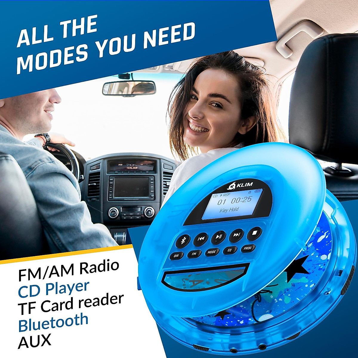 KLIM Nomad Transparent Blue - Portable CD Player Walkman with Long-Lasting Battery - Includes Headphones - Discman MP3 Player - TF Card FM Radio Bluetooth AUX - Ideal for Home, Cars - 2024 Version