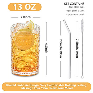 13 Oz Cocktail Glasses Hobnail Drinking Glasses Unique Vintage Bubble Cocktails - Set of 4 Old Fashioned Embossed Glassware Cups for Beverage, Water, Wine, Beer, Juice, Mixed Drinkware (13 Oz)