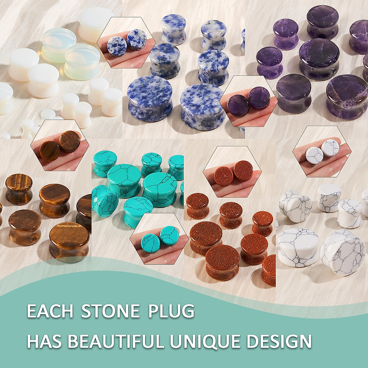 Longbeauty 20/30 Pcs Set Mixed Stone Saddle Double Flared Ear Tunnels Expander Plugs Stretcher (3/4"(20mm)-15Pairs)