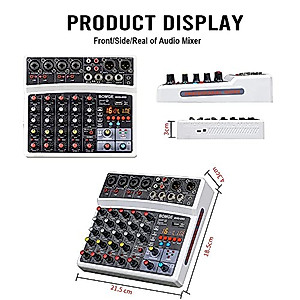 BOMGE 6 Channel Audio Sound Mixer - Professional Digital DJ Mixing Console for Live Streaming, Karaoke and Stereo Recording - With PC Computer Record Playback/Bluetooth/MP3/USB/48V /16 DSP Echo