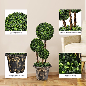 Goplus 2.5 Ft Artificial Boxwood Topiary Tree, Fake Greenery Plants Triple Ball Tree, Leaves & Cement-Filled Plastic Flower Pot Decorative Trees for Home, Office, Indoor and Outdoor Use