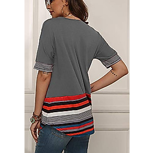 Huange Womens Color Block Striped T Shirts Summer Short Sleeve Crew Neck Tunic Tops Blouse Gray