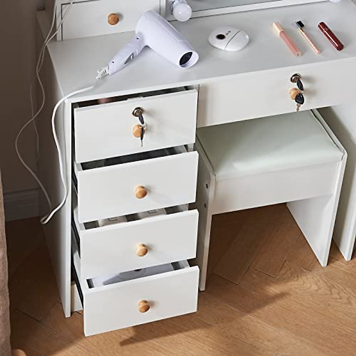 Jansaimei Makeup Vanity with 10 Light Bulbs, Vanity Desk Dressing Table Set with 6 Large Capacity Drawers and Cushion Chair for Bedroom, Vanity for Girls and Women