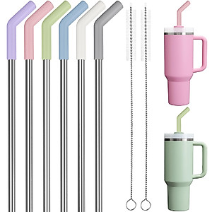 Tomorotec 40oz Straws, 13 Inch Stainless Steel Straw with Silicone Extender Tip for Stanley Adventure Quencher Tumbler 6-Pack with 2 Brushes, 0.35" Diameter Straws Food Grade BPA-Free Colorful Set