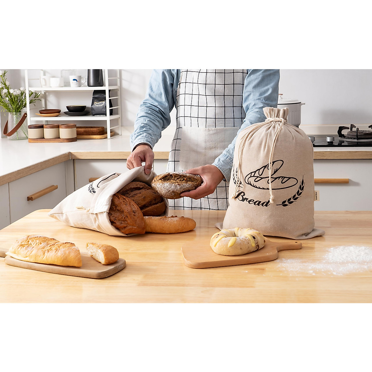 GobiSea 2 Pack Bread Bags for Homemade Bread - Plastic Lined - Reusable Linen Bread Bag with Plastic Liner For Sourdough & Bread Storage - 20" x 14"