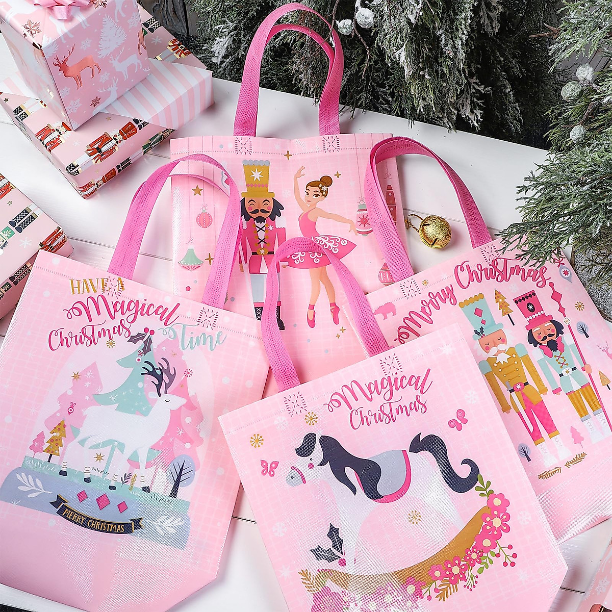 LeZakaa 12PCS Bags with Handles, Pink Recycled Bags, Treat Bags, Multifunctional Non-Woven Christmas Bags for Child, Kids - Cartoon Pattern, 10.5' x 5'x 10.5'