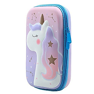 HH Family Llama Unicorn Pencil Case for Girls Hardtop Zipper Pouch with Compartments and 2 Pcs Fur Ball Key Chains (Cute Unicorn D)