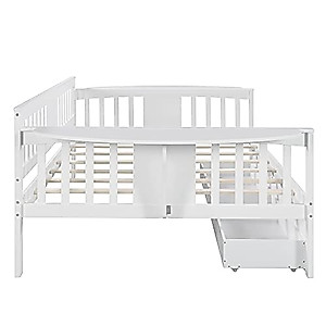 DNYN Full Size Daybed with Two Storage Drawers & Half-Moon Desk Design,Solid Pinewood Bedframe w/Safety Guardrails,Perfect for Dorm,Bedroom,Guest Room,Space-Saving,No Box Spring Needed, White