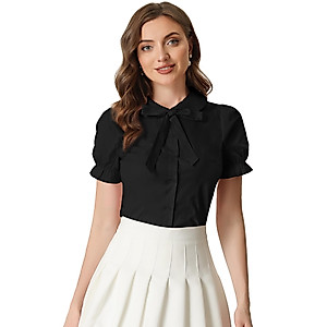 Allegra K Women's Vintage Peter Pan Collar Tie Neck Casual Cute Cotton Button-Up Shirt X-Large Black