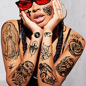 TASROI 6 Sheets Large Chicano Temporary Tattoos For Men Women Adult, Chicana Guadalupe Gangster Fake Tattoos Prisoner Day of the Dead, Halloween Mexico Tattoo Stickers, Tatuajes Temporales Autocolante