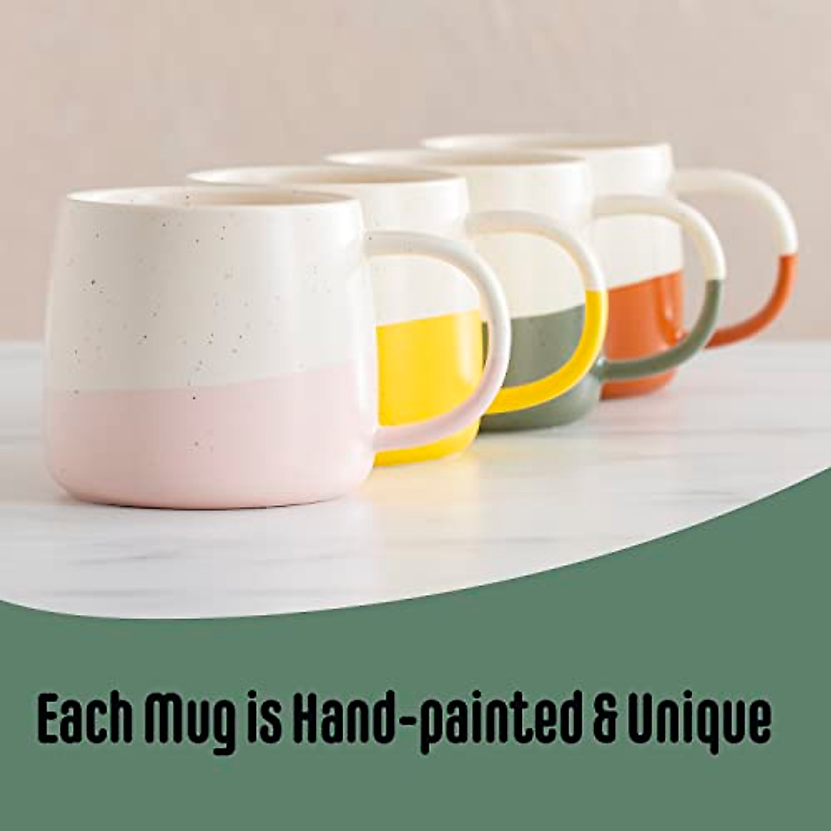 Ceramic Coffee Mugs Set of 4 - Large Stoneware Cups - Hand-Painted, Two-Tone Glazed Mug for Coffee, Tea, and More - Microwave & Dishwasher Safe