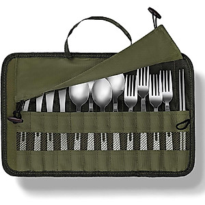 xiaoguozi Cutlery Storage Bag,Portable Polyester Roll Up Pouch Bag For Forks, Spoons, Chopstick,Water Resistant Storage Kitchen Cooking Utensil Set Travel Organizer, Army Green
