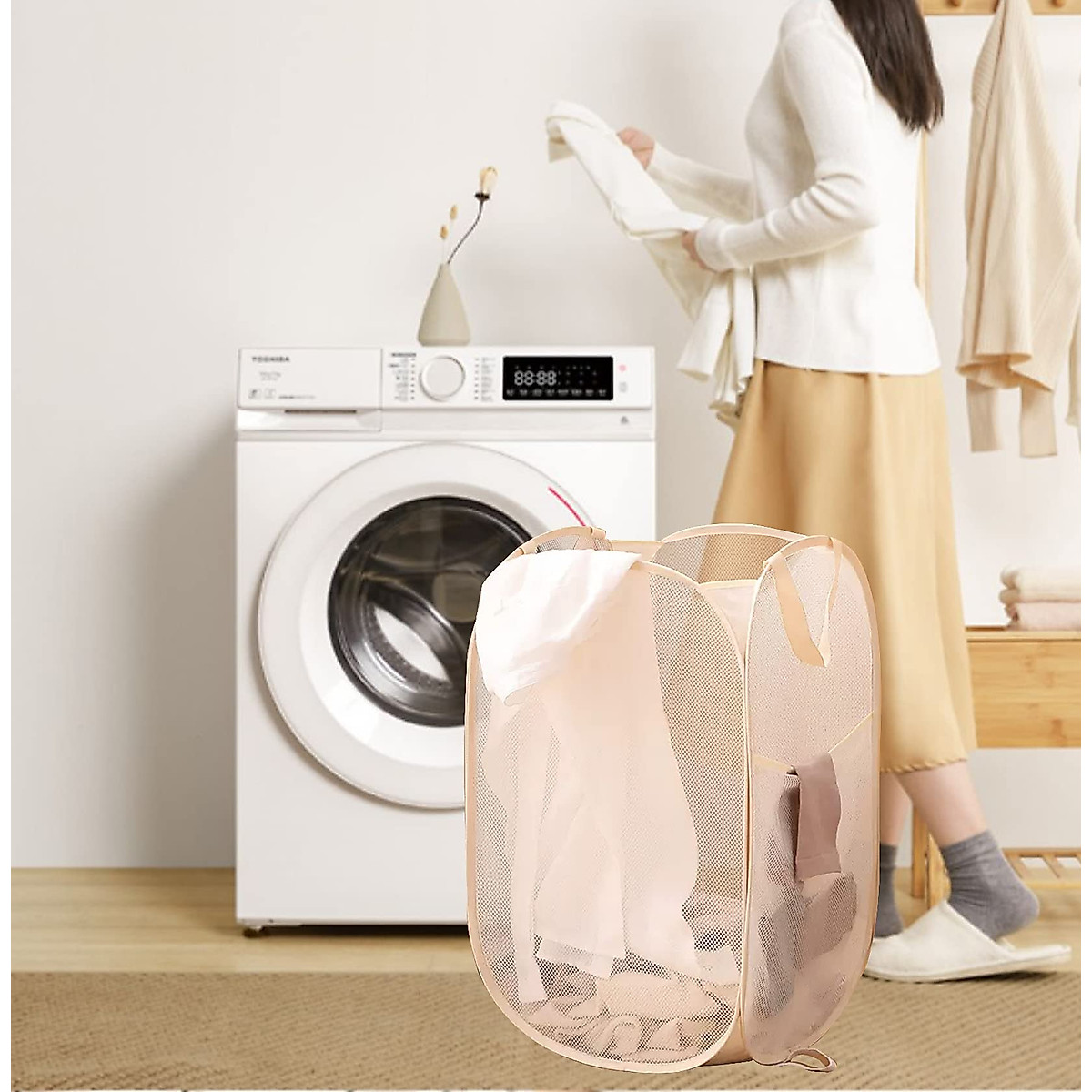 Aplter Pop Up Laundry Basket Folding Laundry Hamper Mesh Hamper Storage Bin for College Dorms, Travelling, Crusing, Camping, Beige