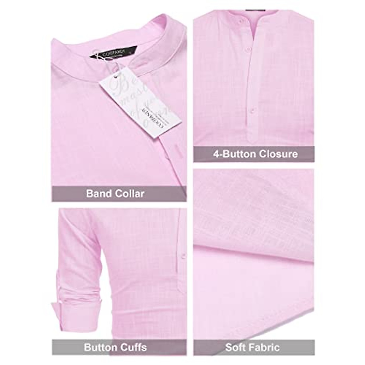 COOFANDY Men's Cotton Linen Henley Shirt Long Sleeve Hippie Casual Beach T Shirts Pink