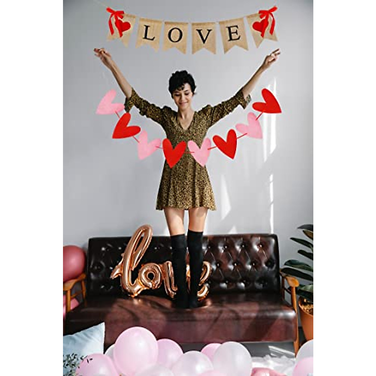 Valentines Day Decor, Love Burlap Banner Valentines Decorations Hanging Heart Garland Rustic Valentine Décor for Home Red Glittery Heart Banner Decor for Mantle Fireplace Wall