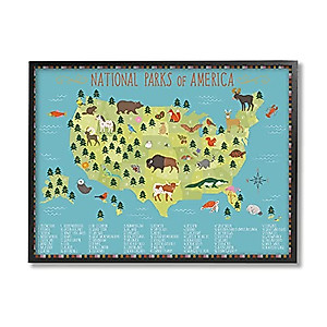 Stupell Industries Children's National Parks of America Map Animal Wildlife Black Framed Wall Art, 20 x 16, Blue
