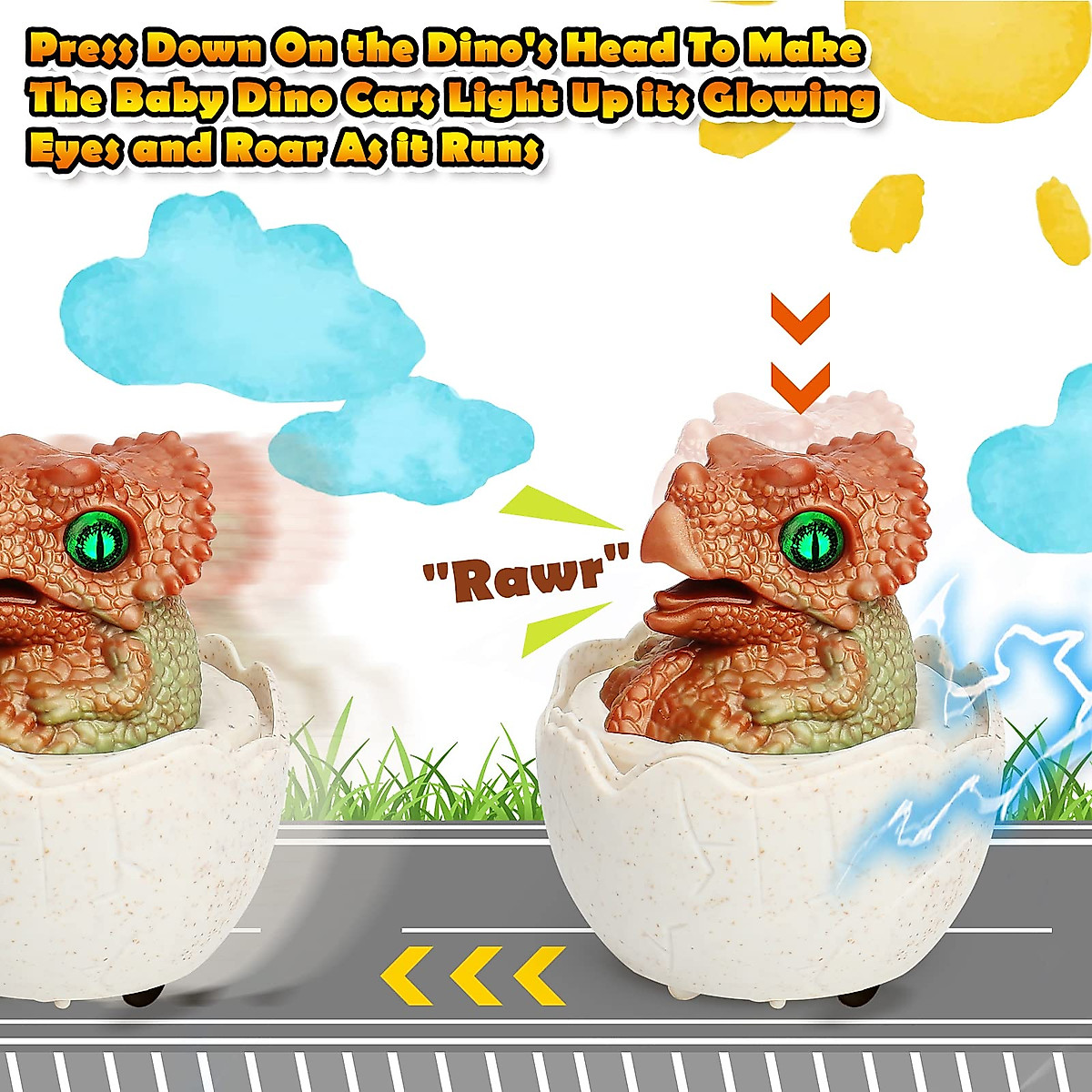 Easter Basket Stuffers Toys Gifts for Toddlers Kids 1, 2, 3, 4, 5+ Year Old, Easter Egg Hunt Dinosaur Car Toy, 4 Pack Press and Go Small Dinos Egg Trucks with Sounds & Lights, Kids Prizes Party Favors