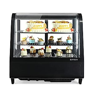 ROVSUN 3.5 Cu.Ft Commercial Countertop Refrigerator, Display Refrigerator Pastry Display Case w/LED Lighting Auto Defrosting Air-cooling Rear Sliding Door for Cafe Restaurant, ETL Certified (Black)