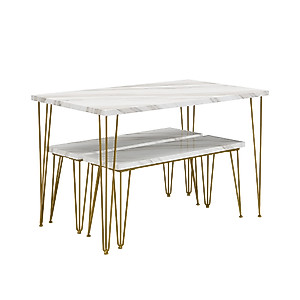 LIADTOP, 3-Piece Kitchen Sets,Rustic Farmhouse Faux Marble Dining 2, Thick Table/Bench Top with Iron Frame for 4,White+Gold