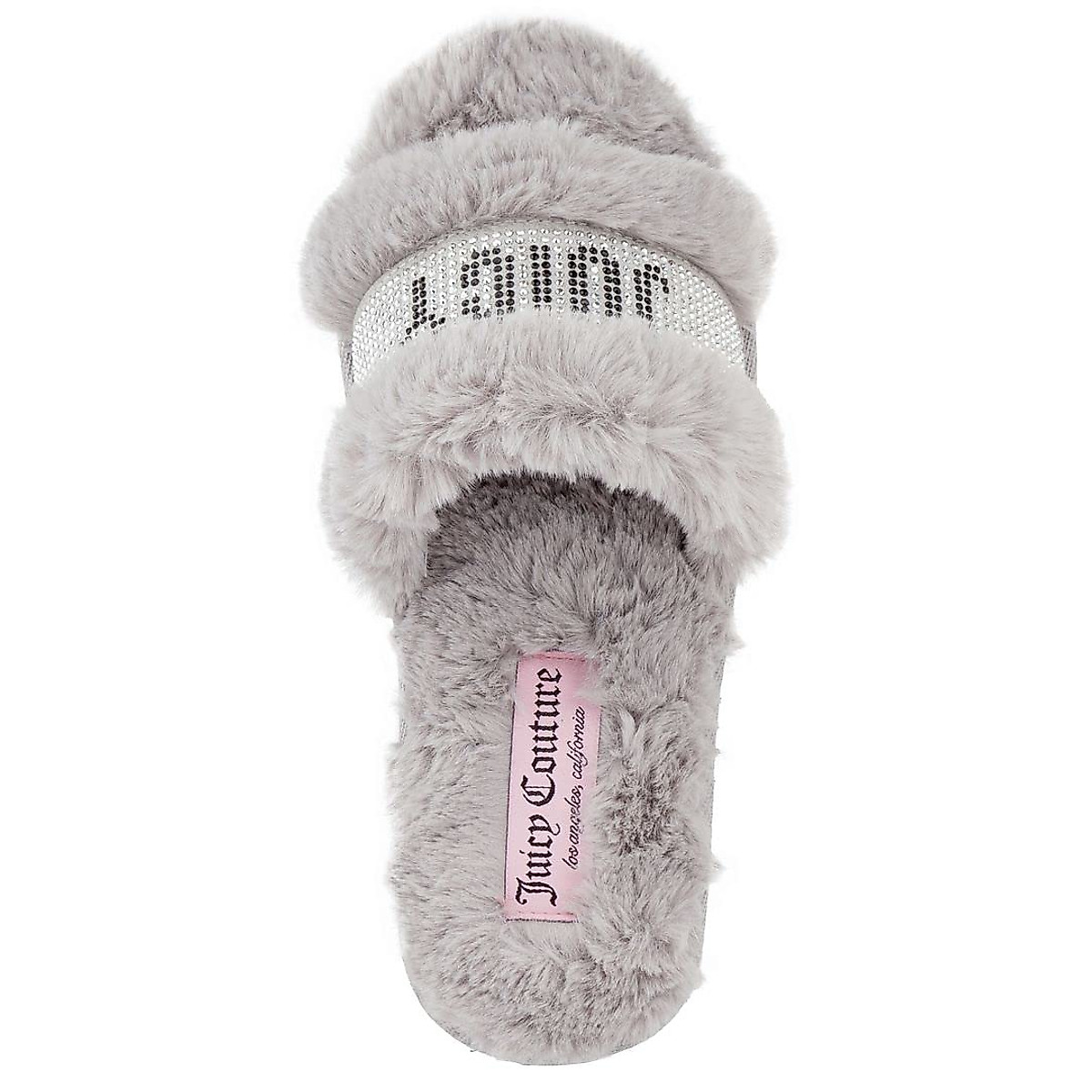 Juicy Couture Women's Luxe Faux Fur Slide Slippers with Embellished Strap, Cozy Indoor/Outdoor Fuzzy Slip-On Sandals, Halo - Grey, Size 9