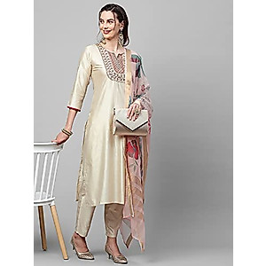 INDO ERA Indian Women's Off White Viscose Embroidered Calf Length Straight Kurta Pant With Dupatta Set