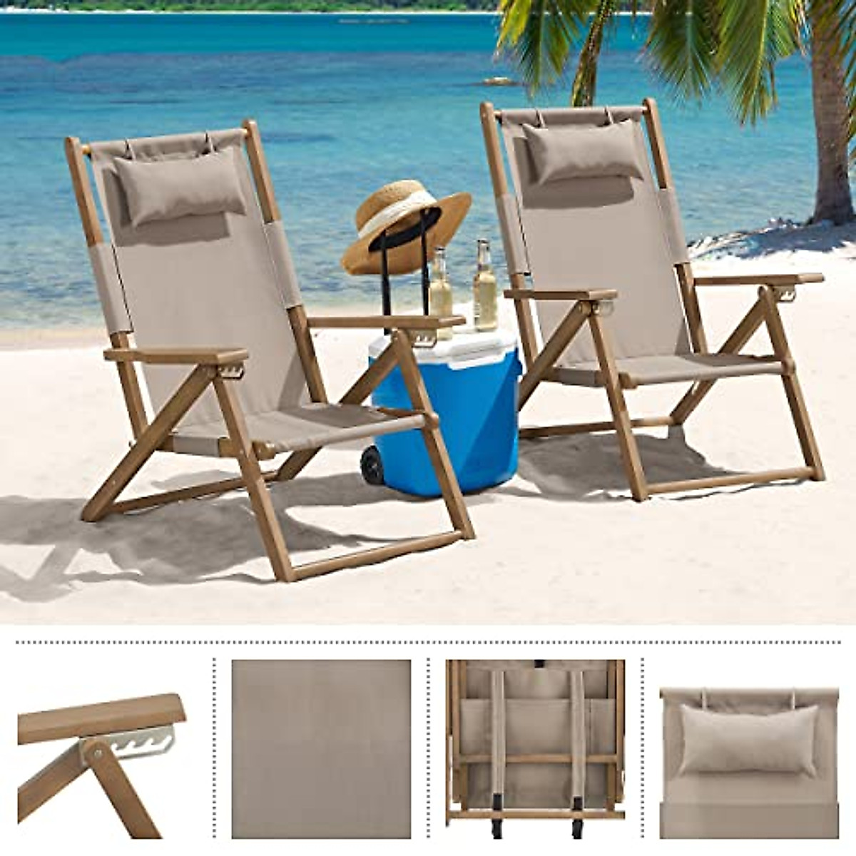 Lavish Home Set of 2 Beach Chairs - Outdoor Weather-Resistant Wood Folding Chairs with Carry Straps and Reclining Seat - Beach Essentials (Taupe)