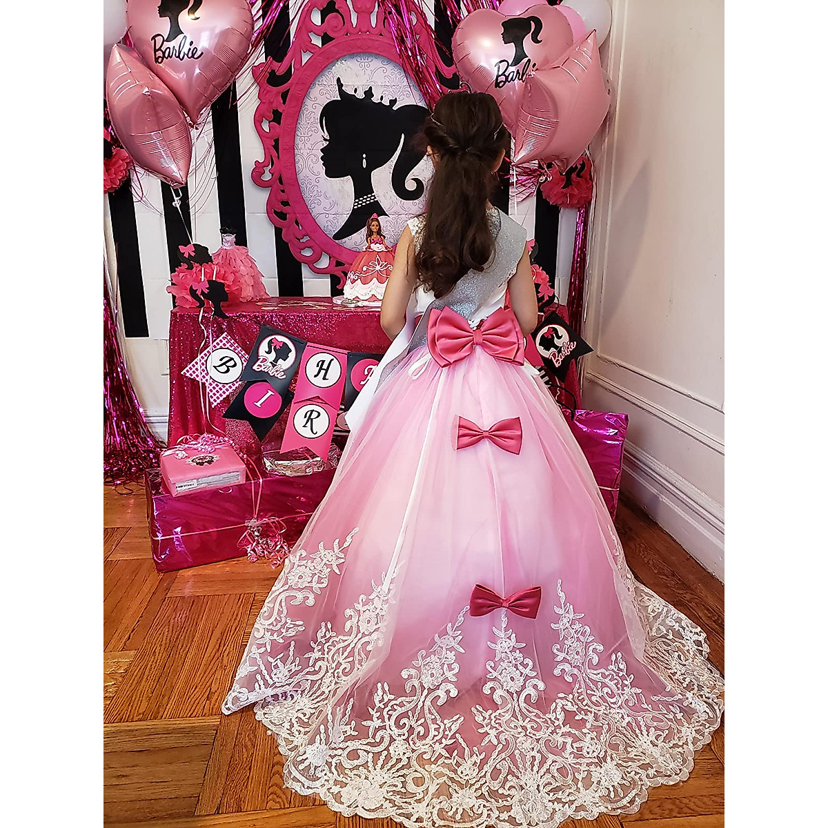 Princess Hot Pink Long Girls Pageant Dresses Kids Prom Puffy Tulle Ball Gown US 6