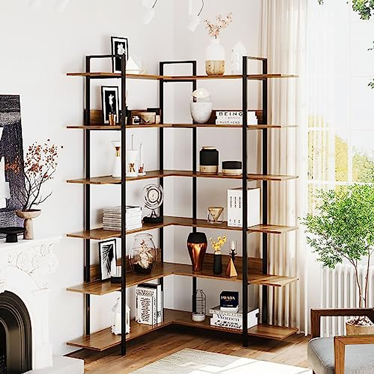 Tall Bookcase Shelf Storage Organizer 6 Tiers, L-Shape Corner Bookshelf with Anti-toppling Fitting, Industrial Display Standing Shelf Units for Living Room Home Office, Each Panel Hold up to 80 lbs