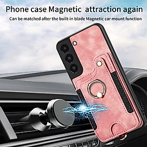 Phone Case for Samsung Galaxy S22 Plus S22+ 5G Wallet Cover with Screen Protector and Wrist Strap Lanyard RFID Credit Card Holder Ring Stand Cell Accessories S22+5G S22plus 22S + S 22 22+ Women Pink