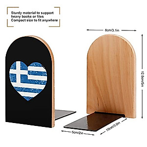 Greece Heart Love Retro Flag Wood Book Ends for Shelves Non-Skid Bookend Book Stand Book Holder Stopper for Home Office School