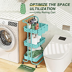3-Tier Rolling Mobile Utility Cart with Hanging Cups & Hooks & Handle Multifunctional Organizer Storage Trolley Service Cart with Wheels Easy Assembly for Office, Bathroom, Kitchen (Blue)